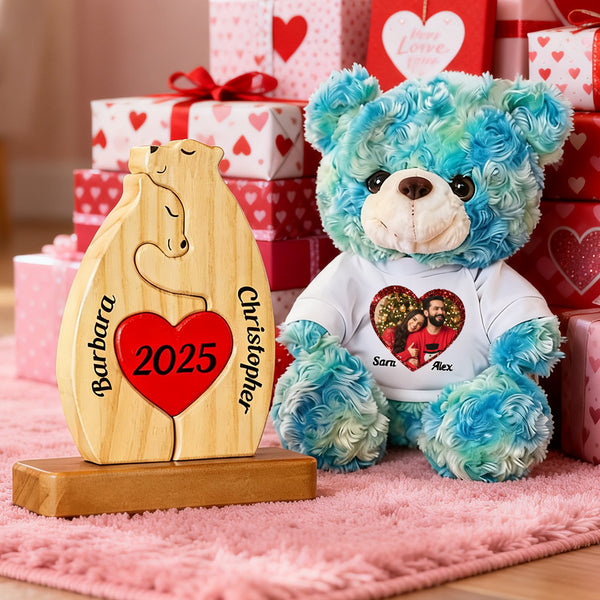 Personalized Wooden Bears Couple And Teddy Bear - Valentine's Day Gift ...